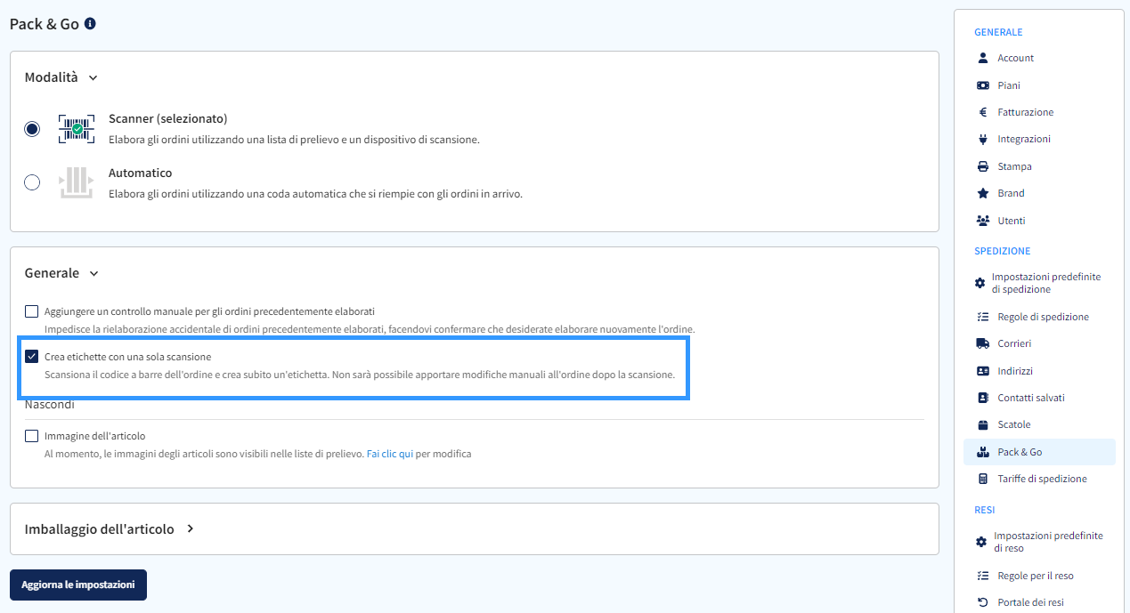 Pack & Go in modalità scansione singola – Sendcloud Help Center